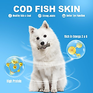 Amzey Cod Skin Dog Treats 24 OZ, High Protein Cod Fish Skin Rolls Rich in Omega-3, 100% Natural Dried Cod Fish Dog Chews for Teeth Cleaning, Pack of 4 Resealable Bags