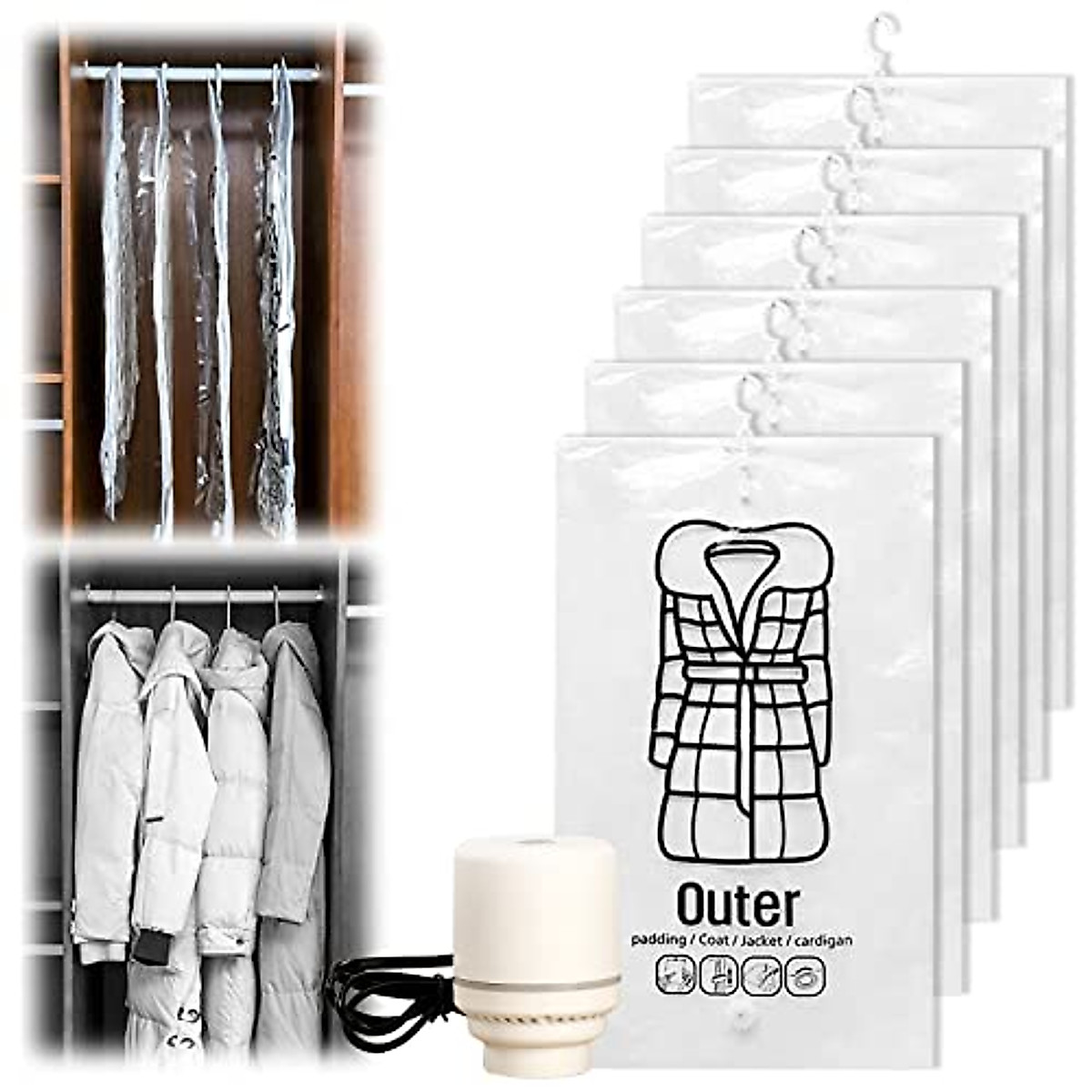 2/6Pcs Hanging Vacuum Storage Bags with Electric/Hand Pumps, 43.3"/51.2" Reusable Hanging Clothes Vacuum Seal Storage Bag Compressible Space Saver Bags (XL-26.3"x51.2", 6Pcs Bags [Gift Electric Pumps])