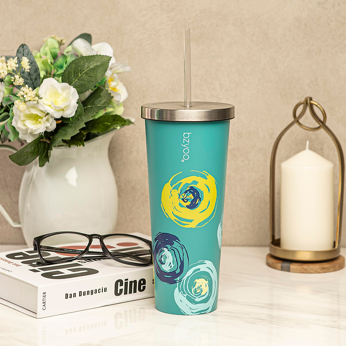 bzyoo SUP Double Wall Vacuum Insulated Tumbler with Straw and Lid Stainless Steel Water Bottle Travel Mug Cup, Mother's Day Gifts Perfect for Ice Coffee or Tea (710ml) Color: Green Cyclone