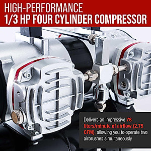 Master Airbrush TC-848 Air Compressor - 1/3 HP, 4-Cylinder, 4L Air Tank, 78L/Min Flow, Multi-Airbrush & Spray Gun Support, Diaphragm Regulator, Portable Handle - Ideal for Artists & All Skill Levels!