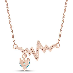 Wishrocks Heart & Round Cut Simulated Aquamarine & White Cubic Zirconia Heartbeat & Heart Pendant Necklace Along with 18" Silver Chain Jewelry for Women in 14k Rose Gold Over Sterling Silver