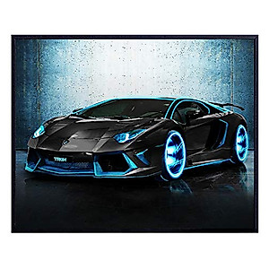 TRON Lamborghini Aventador - Lamborghini Poster - Blue Lamborghini Car - Lambo Poster for Men, Boys Room, Man Cave, Garage, Office - Lamborghini Aventador Poster - Exotic Cars Wall Art Decor -Unframed