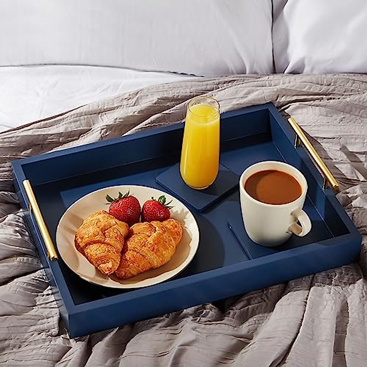 Blue Serving Tray for Coffee Table, 16x12 with Coasters, Decorative Interchangeable Gold and Silver Handles