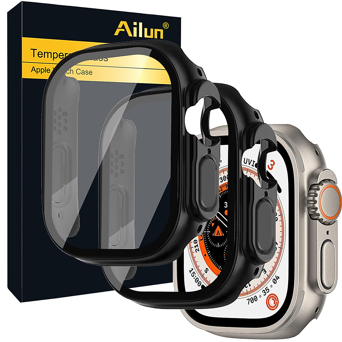 Ailun for 2022/2023 Apple Watch Ultra 2/Ultra Screen Protector Case [49mm], Ultra-Thin Hard PC Case Built in Tempered Glass for iWatch, Shockproof Cover with Button [2 Pack][Black]