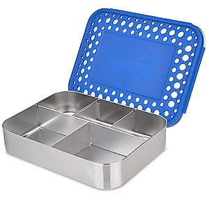 LunchBots Large Cinco Stainless Steel Lunch Container - Five Section Design Holds a Variety of Foods - Metal Bento Box - Dishwasher Safe - Stainless Lid - Blue Dots