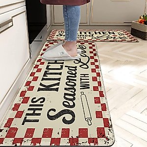 tubeamin Red Buffalo Plaid Kitchen Rugs Set of 2 Anti Fatigue Kitchen Mats for Floor Foam Cushioned Non Slip Kitchen Rug Farmhouse Style Waterproof Comfort Padded Standing Mat for Sink, Laundry