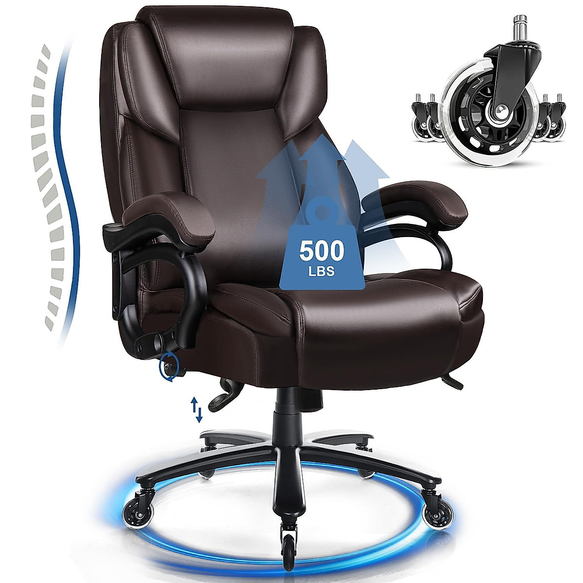 Waleaf Heavy Duty Office Chair 500lbs, Big and Tall Office Chair for Heavy People, Adjustable Ergonomic Lumbar Support Executive Office Chair with High Back with Quiet Rubber Wheels (Brown)