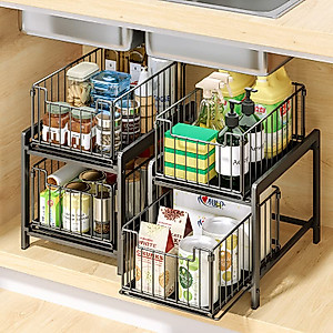 Under Sink Organizer, FLYWAKE 2-Tier Pull-Out Cabinet Organizer with Hooks for Kitchen Bathroom Organizers and Storage Organization (Shiny black)