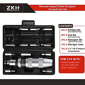 ZKH 1/2" CR-V Hand Impact Screwdriver, Manual Reversible Impact Driver Includes 12-Piece Slotted, Phillips, Hexagonal Bit Set, Disengage Rusted Fasteners or Frozen Bolts, Ideal Hand Tool for Men, Dad