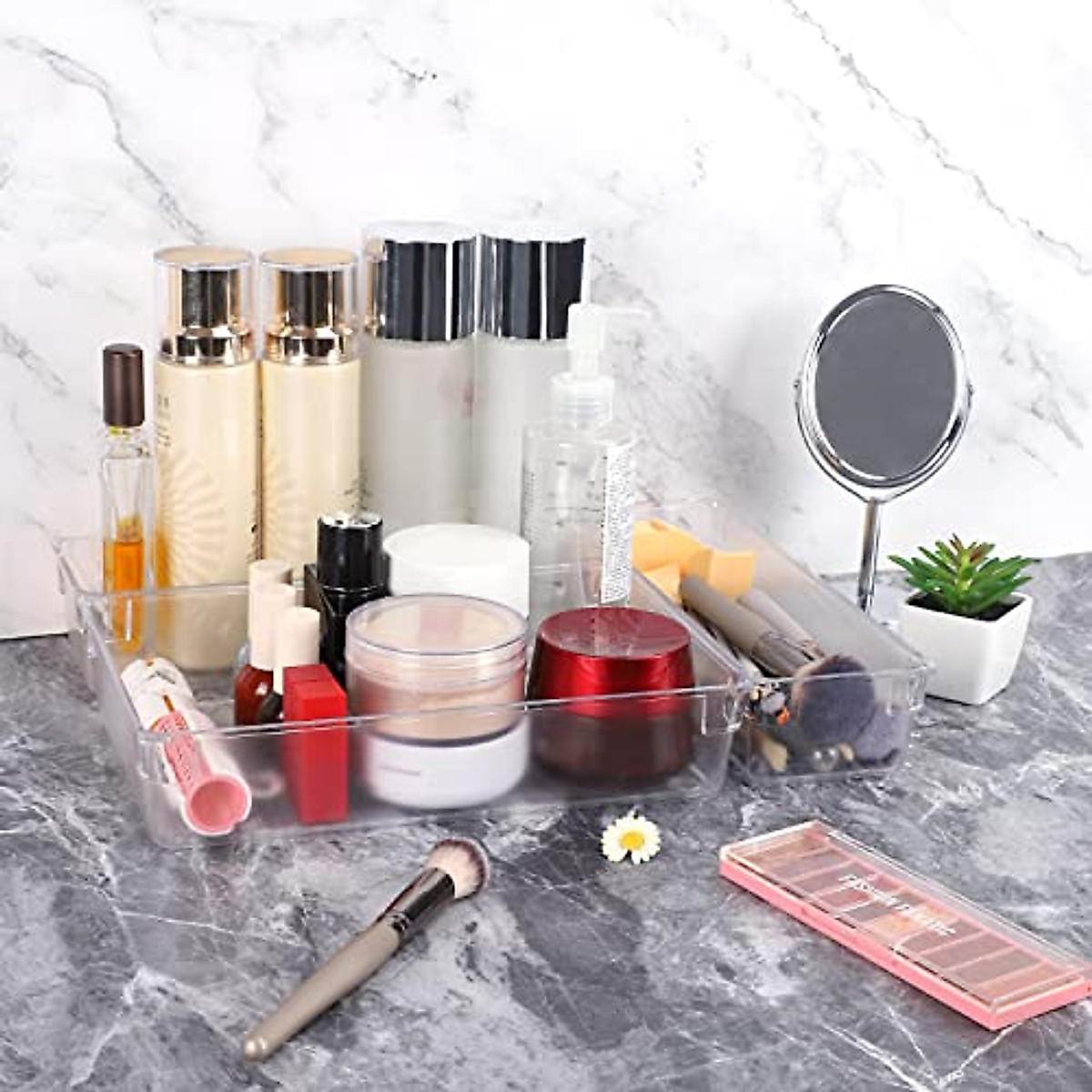 Fixwal 26pcs Clear Drawer Organizers Set 4 Size Plastic Bathroom Drawer Organizer Storage Bins Versatile Drawer Dividers Organizer Trays for Desk Makeup Vanity Dresser Office Kitchen