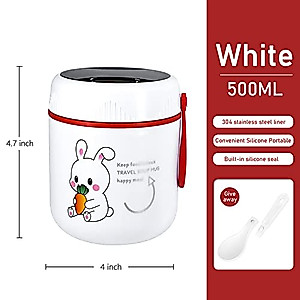 Yanglonghui Thermos with Foldable Spoon, Stainless Steel Thermal Food Container Soup Cup Leak Proof Insulated Lunch Box Hot Cold Food for Office Picnic Travel (White)
