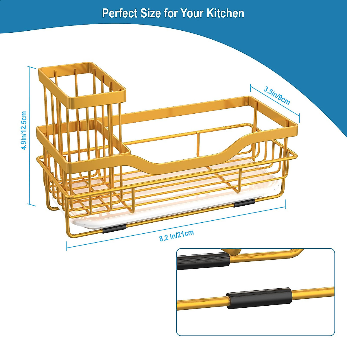 Sponge Holder Kitchen Sink Caddy Organizer, Sponge Holder for Kitchen Sink with Brush Storage, 304 Stainless Steel Black Dish Soap Holder Rack with Removable Drain Tray - Not Included Dispenser, Brush
