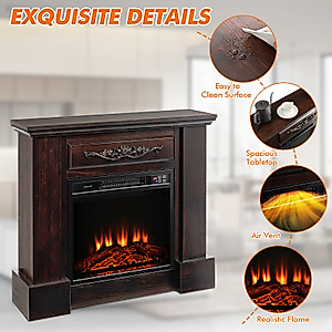 Tangkula 32’’Electric Fireplace with Mantle, Freestanding Fireplace Heater w/ 3D Realistic & Adjustable Flame, Remote Control, Overheat Protection, 1400 W Wooden Fireplace Mantel for Home (Brown)