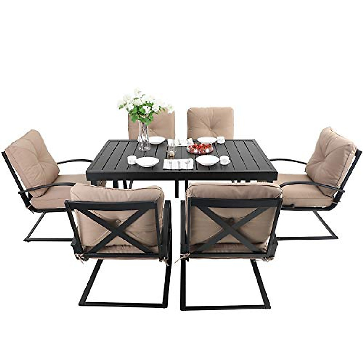 MFSTUDIO 7PCS Outdoor Patio Dining Set, 6 Spring Motion Chairs with Cushion, 1 Rectangular Expandable Table, Porch Lawn Backyard Garden Furniture Sets, Beige
