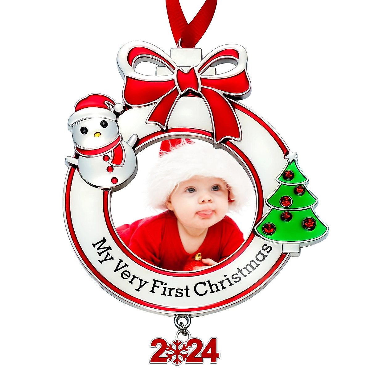 Yookeer Baby's First Christmas Photo Ornament 2025 My Very First Christmas Photo Frame Xmas Baby's 1st Keepsake Picture for Newborn Baby Christmas Tree Decor(1 Piece,Round)