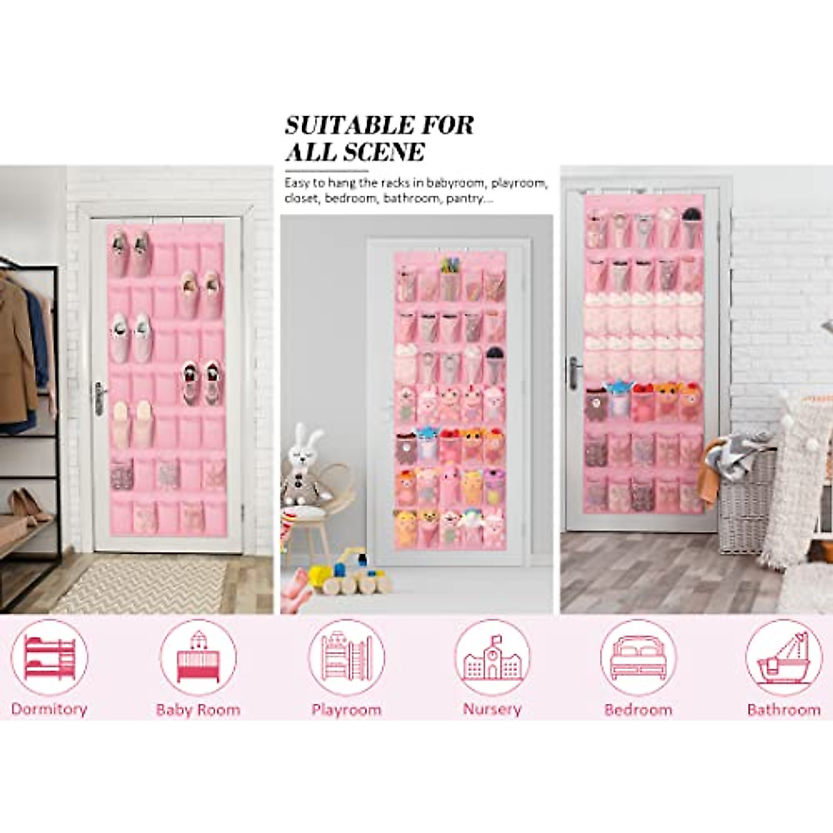 Over The Door Shoe Organizers Pink with 35 Durable Mesh Pockets Baby Organizer Storage Hanging Shoe Organizer Shoe Holder Rack For Toddler Girl Room Baby Room Craft Room Bedroom Pantry Bathroom Closet