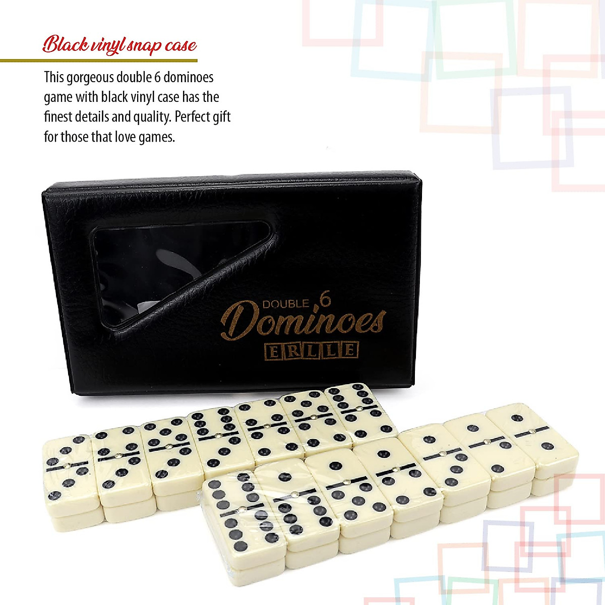 ERLLE Dominos Set Game. Premium Classic 28 Pieces Double Six Domino. Durable Leather Box. Kids, Boys, Girls, Party Favors and Anytime Use. Duoble 6 Dominoes.(PVC Edition)