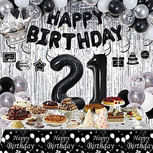 Black and Silver 21st Birthday Decorations for Him Her, Black and White 21 Birthday Party Decorations for Men Boys, Black Silver Happy 21st Birthday Banner Balloons Fringe Curtains Table Cloths Women