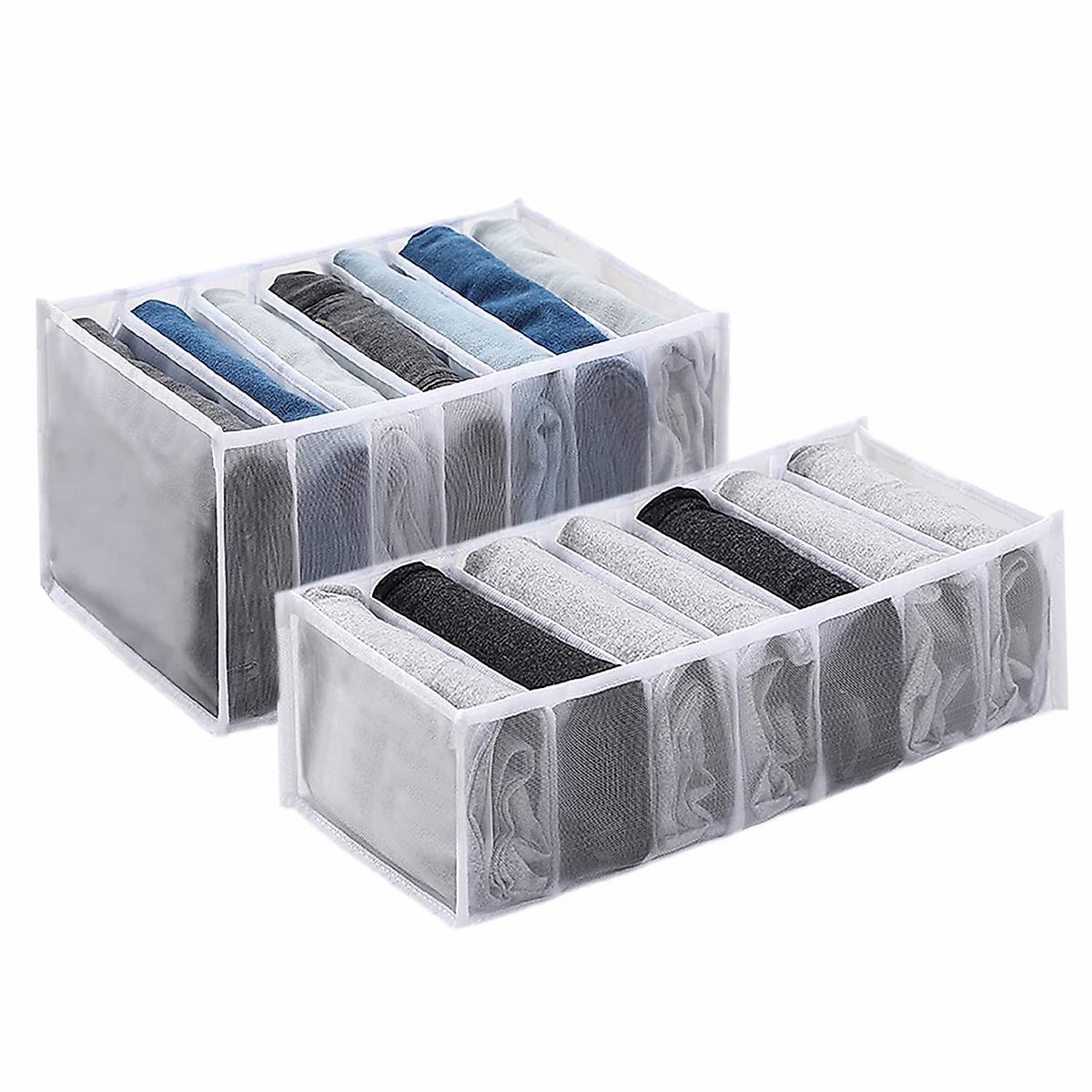 7 Grids Washable Wardrobe Clothes Organizer,Mesh Clothes Storage Organizer for Jeans，Leggings Compartment Storage (2Pcs White, Medium+Large)