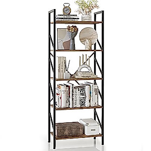 Huhote 5 Tier Bookshelf Bookcase Wood Tall Bookshelf Open Shelf,Farmhouse Bookshelf Book case, Industrial Bookshelf Storage Organizer for Bedroom,Living Room,Office, Rustic Brown