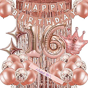 16th Birthday Decorations for Women, Rose Gold Sweet 16 Birthday Party Decoration for Her, 16th Happy Birthday Banner Kits Rosegold Balloons Decoration for Girls Women 16th Birthday Party Supplies