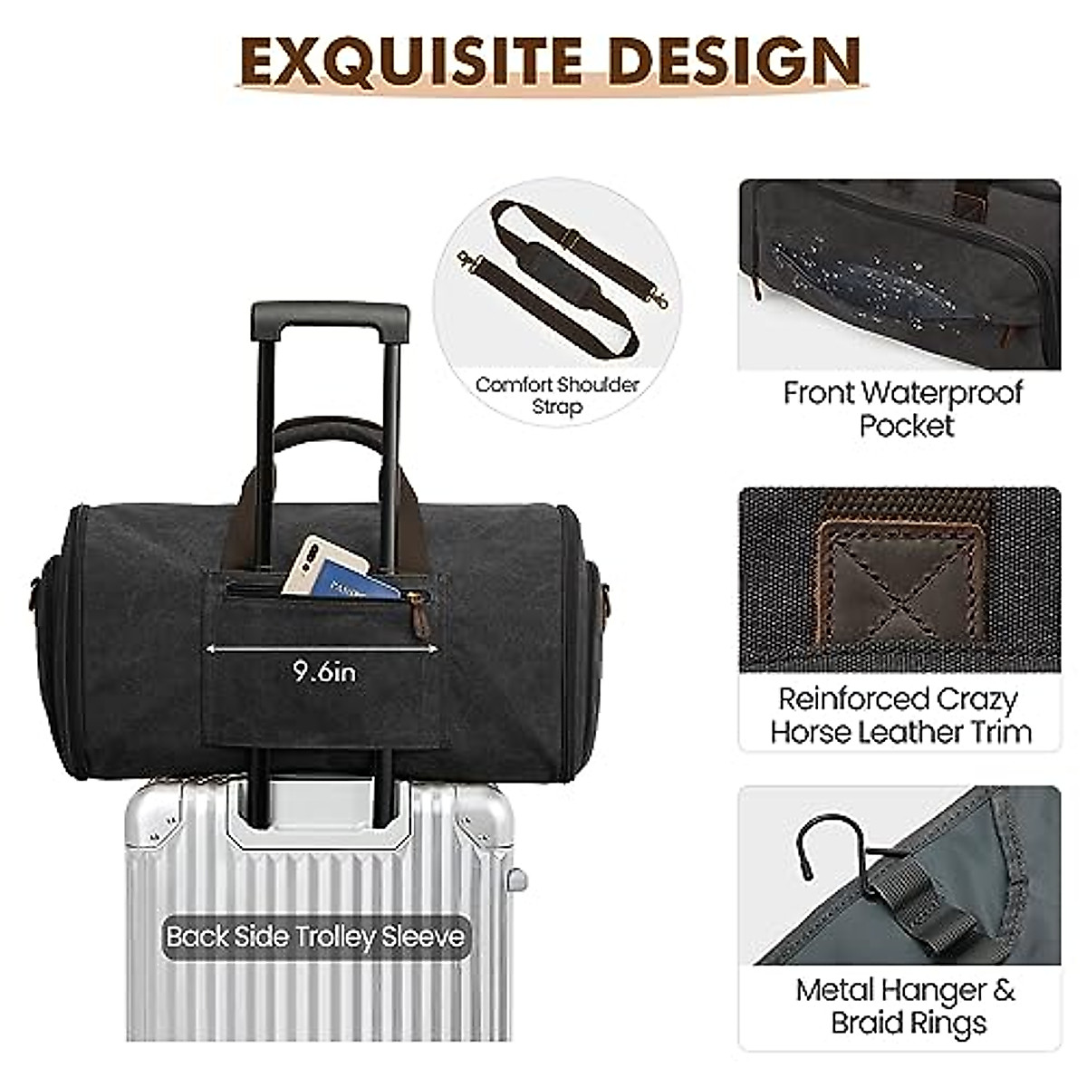 Carry On Garment Bag for Travel, S-ZONE Convertible Garment Duffle Bag Suit Bags for Men Women Travel- 2 in 1 Hanging Suitcase Business Travel Bag with Toiletry Bag (Black)