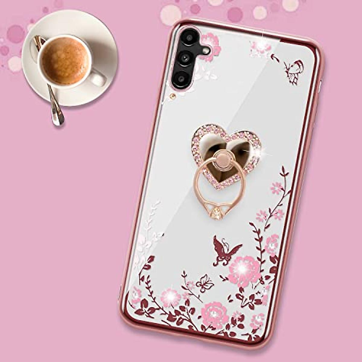 B-wishy for Samsung Galaxy A14 5G/A14 4G Glitter Crystal Butterfly Heart Floral Slim TPU Luxury Bling Cute Protective Cover with Kickstand+Strap for Samsung Galaxy A14 4G/5G(Rose Gold)