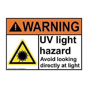ComplianceSigns.com Warning UV Light Hazard Avoid Looking Directly at Light ANSI Safety Label Decal, 5x3.5 in. Vinyl 4-Pack for Process Hazards