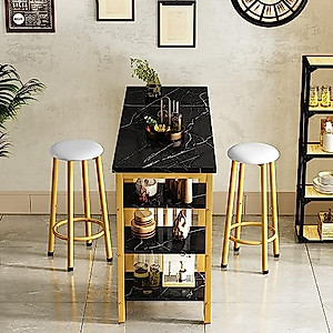 AWQM Home Bar Table Set of 2 with Storage Shelves, 47" Black Faux Marble Dining Set with Upholstered Leather Bar Height Stools, 3-Piece Kitchen Table for 2 People, Space Saving Table (Black & Gold)