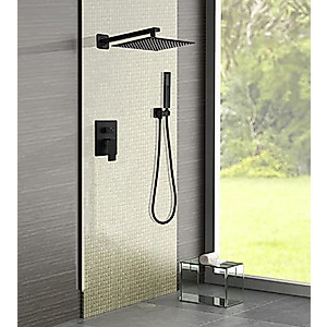 JingGang Matte Black Shower System 12 Inch Bathroom Luxury Rain Mixer Shower Combo Set Wall Mounted Rainfall Shower Head and Handheld System Shower Faucet Set Rough-in Valve Body and Trim Included