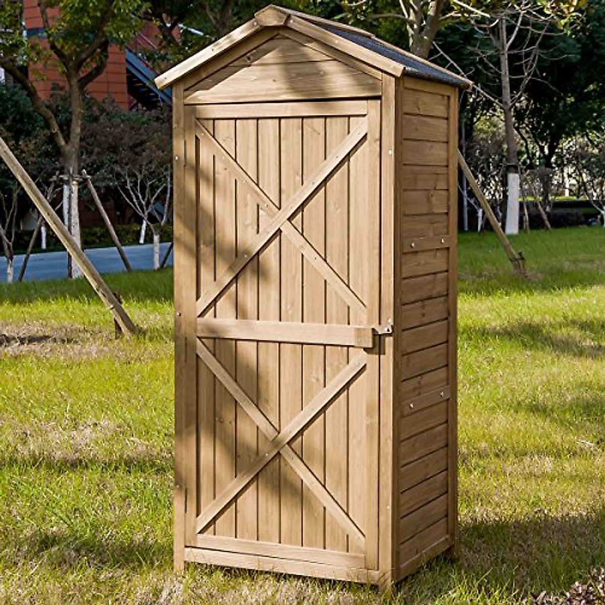 EMKK Garden Storage Shed - Garden Tool Storage Cabinet - Lockable Arrow Storage Sheds Organizer,Outdoor Wooden Storage Sheds Fir Wood Lockers with Workstation,Natural for Home,Yard (Natural)
