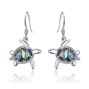 Sea Turtle Earrings for Women Abalone Shell 925 Sterling Silver Dangle Earrings Hypoallergenic Drop Animal Ocean Jewelry Turtle Gift