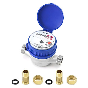 QWORK Water Meter, 1/2" NPT 304 Stainless Steel Cold Water Flow Meter with Pulse Output, for Garden and Home Use, Includes 2 pcs 1/2"NPT Thread Adapter