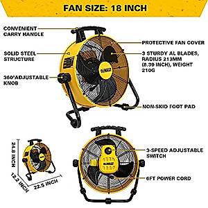 DEWALT Industrial Floor Fan, 18 Inch Drum Fan, 3-Speed Heavy Duty Air Circulator with Adjustable Tilt, Model: DXF1840 , Yellow