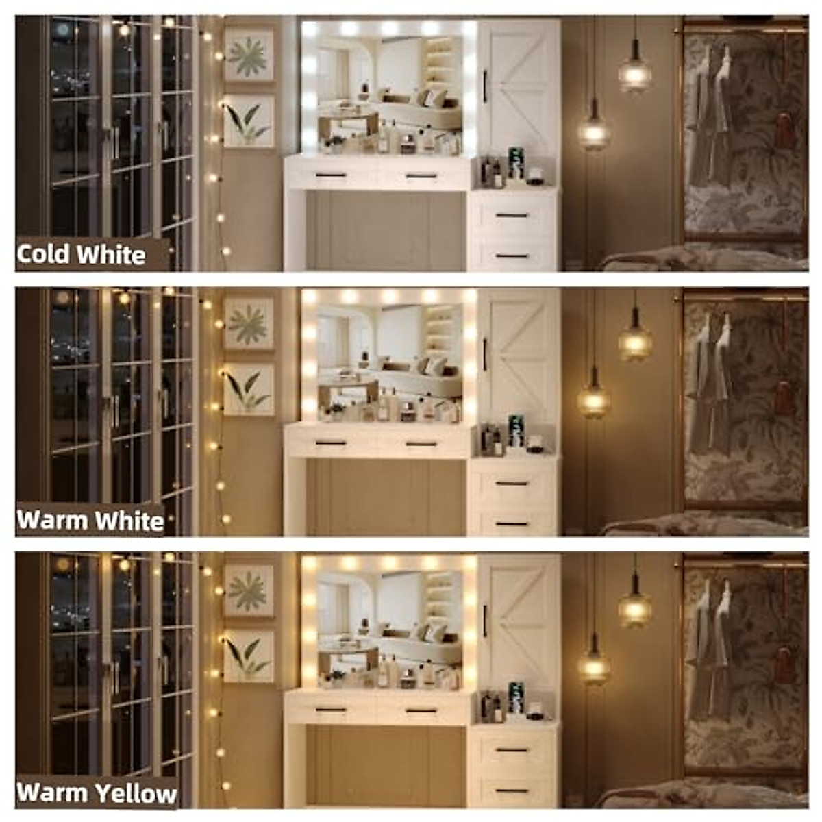 Irontar Makeup Vanity Desk with Charging Station, Farmhouse Makeup Desk with Lights Mirror and Drawers, Vanity Table with Side Cabinet, Dressing Table for Women, White WDT008W