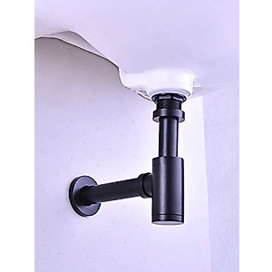 GORDEE Bathroom Sink Stopper P-Trap Complete Set Adjustable 1-1/4 Bottle Trap Solid Brass Sink Drain Kit Tube and Pop Up Drain Stopper Set Without Overflow, Matte Black