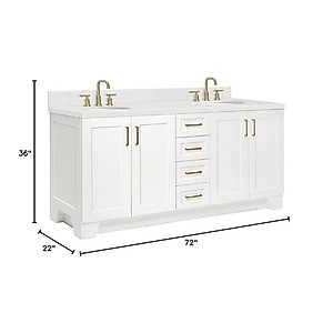 ARIEL Taylor 72" White Double Bathroom Vanity, 1.5" Edge Carrara Quartz Countertop & Splash, Oval Sinks, 4 Soft Closing Doors, 6 Full Extension Dovetail Drawers, Toe Kick, Satin Brass