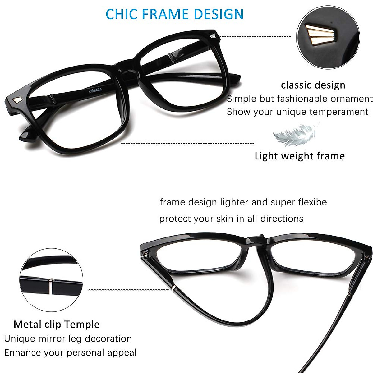 Henotin 4-Pack Blue Light Blocking Reading Glasses Women Men,Spring Hinge Computer Readers,Anti UV Ray Square Nerd Eyeglasses (Mixed Color, 0.75, Diopters)