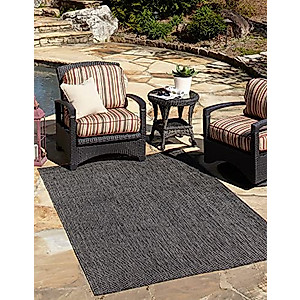 Unique Loom Collection Casual Transitional Solid Heathered Indoor/Outdoor Flatweave Area Rug, Rectangular 5' 0" x 6' 0", Black/Beige