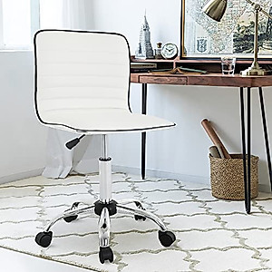 Vanity Chair Makeup Chair PU Leather Low Back Home Office Desk Chair Height Adjustable 360° Swivel Rolling Computer Chair Modern Executive Task Chair without Armrest for Vanity Makeup Room(White)