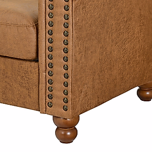 Asucoora Upholstered Chesterfield Tufted Leather Sofa Couch for Living Room, Rolled Arm 3 Seater Sofa Couch with Nailhead Trim and 2 Neck Roll Pillows, Brown