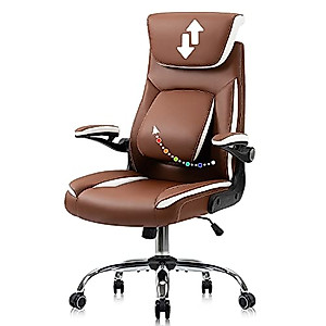 YAMASORO Executive Office Chair Ergonomic Chair with Lumbar Support, PU Leather Home Office Desk Chairs with Flip up Arms and Wheels, Camel