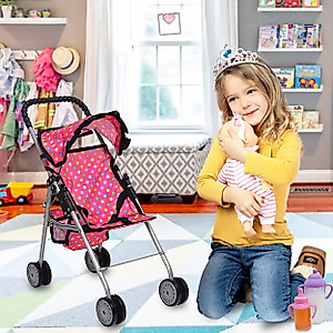 fash n kolor - My First Baby Doll Stroller - Pink Polka Dot Doll Stroller with Basket- Soft Grib Handle. Foldable with Hood Toy Doll Pram Baby Doll Accessories. With 2 Free Bonus Doll Bottles Included