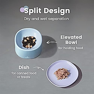 Pawaii Ceramic Cat Bowl, Combined Type Elevated Cat Bowl, Whisker Fatigue Cat Bowl, Dishwasher and Microwave Safe, One Elevated Cat Bowl and One Dish