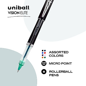 uniball Vision Elite Rollerball Pens with 0.5mm Micro Point Pen Tips, Assorted, 8 Count - Uni-Super Ink is Smooth, Vibrant, and Protects Against Water, Fading, and Fraud
