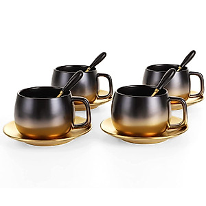 lavekywasa European Style Tea Coffee Cup Set Black Gold Gradual Vintage Ceramic Cup Coffee Mug With Spoon&Saucer Set Used for Latte, Americano, Cappuccino, Tea, Beer (4 pack)
