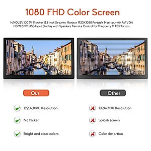 WHOLEV 15.6" IPS Security Monitor 1080 FHD Color Screen with Remote Control AV VGA HDMI BNC USB Input 178° Wide Angle Built-in Speaker for Gaming Display DVD DVR