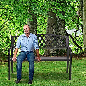 Metal Garden Park Bench,50in Powder Coated Iron Steel Frame Patio Bench wCross Design Backrest & Slatted Seat,Exquisite Grid Embellishment Patio Metal Bench for Front Porch Yard Lawn Deck,Black