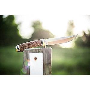 Uncle Henry 153UH Next Gen Golden Spike Knife with 5in High Carbon S.S. Fixed Blade, Staglon Handle, Sharpening Stone, and Leather Belt Sheath for EDC, Hunting, Survival, Camping and Outdoors,Brown