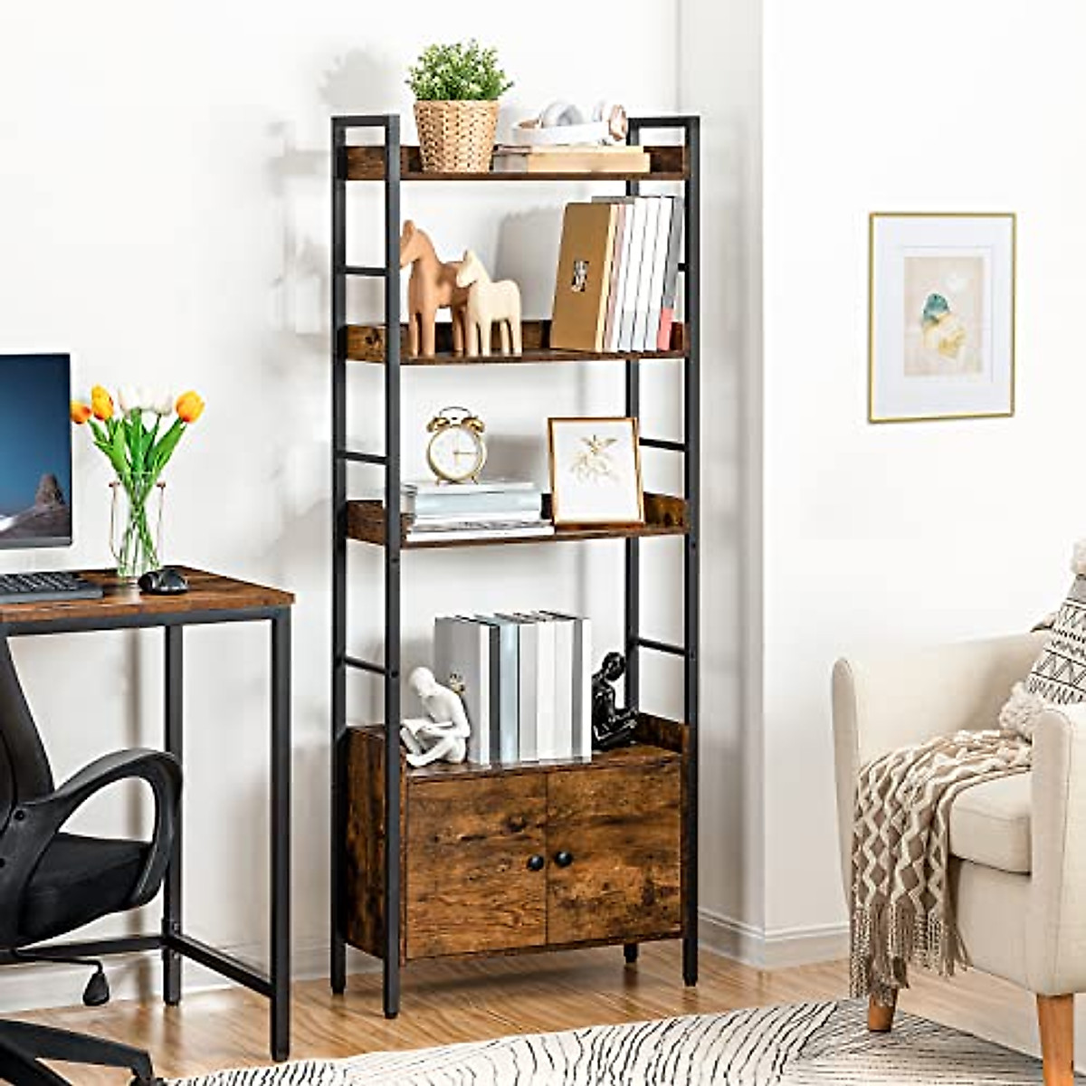 HOOBRO 4-Tier Bookshelf with Doors, Industrial Wooden Bookcase with Storage, Storage Shelf with Protective Rails, for Living Room, Home Office, Rustic Brown and Black BF46SJ01